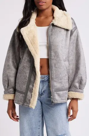 BDG URBAN OUTFITTERS Faux Leather Aviator Jacket - Grey
