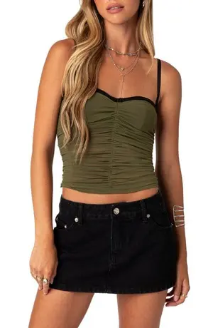 EDIKTED Moira Ruched Mesh Bra Top - Olive