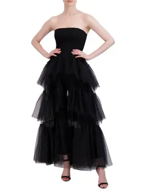 Bcbgmaxazria Strapless Tiered Tulle Overlay Jumpsuit