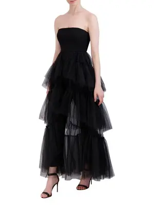 Bcbgmaxazria Strapless Tiered Tulle Overlay Jumpsuit