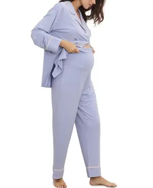 Hatch Collection Ultra Soft Maternity Jersey Pj 1- Set - Sky With Petal Piping