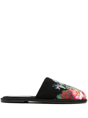 BARRIE Floral Intarsia-knit Cashmere Slippers - Black