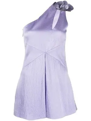 GENNY Floral-appliqué One-shoulder Playsuit - Purple