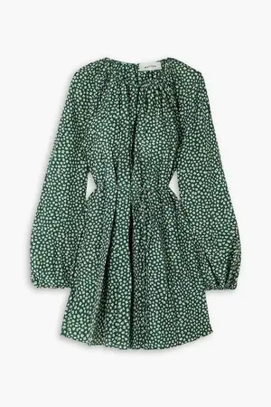 Matteau Belted Gathered Cotton And Silk-Blend Mini Dress Emerald