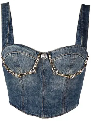 AREA Claw Cup Crystal-embellished Denim Bustier