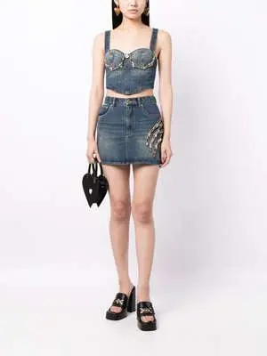 AREA Claw Cup Crystal-embellished Denim Bustier