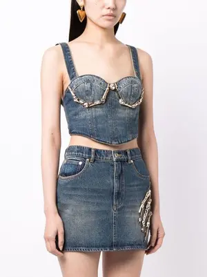 AREA Claw Cup Crystal-embellished Denim Bustier