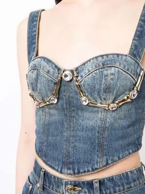 AREA Claw Cup Crystal-embellished Denim Bustier