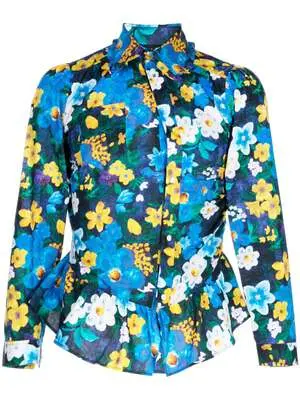 EGONLAB Floral-print Peplum-hem Cotton Shirt