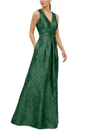 KAY UNGER Mariah Crinkle Pleated Gown - Emerald