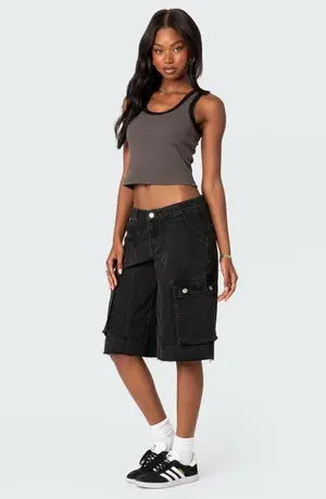 EDIKTED Alix Lace Rib Crop Tank - Gray