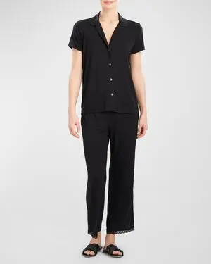 Natori Feathers Essentials Lace-trim Jersey Pajama Set Blk
