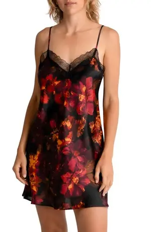 MIDNIGHT BAKERY Dylan Floral Print Lace Trim Satin Chemise - Black