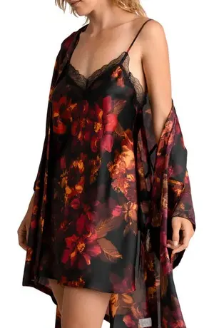 MIDNIGHT BAKERY Dylan Floral Print Lace Trim Satin Chemise