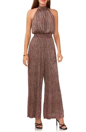 Vince Camuto Metallic Smocked Waist Wide Leg Jumpsuit - Burgundy