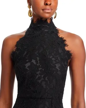 slim fit dress slacks Lace Plunge Halter Neck Ruffle Maxi Dress