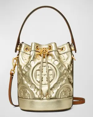 Tory Burch Mini T Monogram Metallic Puffy Bucket Bag - Gold