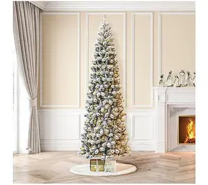 GLITZHOME 11' Pre-lit Flocked Pine Artificial Christmas Tree - One-color