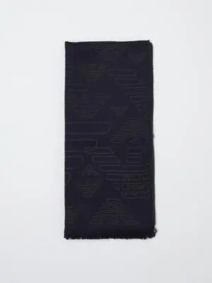 Emporio Armani Wool Scarf With All-over Logo Pattern Blue