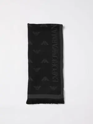 Emporio Armani Wool Scarf With All-over Logo Pattern Charcoal
