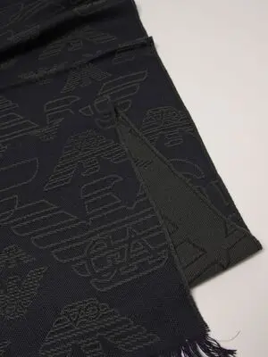 Emporio Armani Wool Scarf With All-over Logo Pattern - Navy