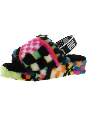 UGG Fluff Yeah Womens Shearling Checkered Slide Slippers - Black