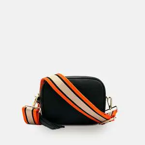 APATCHY LONDON Leather Crossbody Bag With Orange, Tan & Stripe Strap - Black