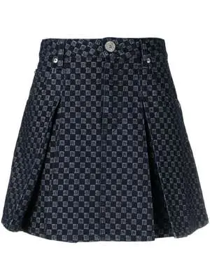 Balmain Pleated Monogram-jacquard Denim Miniskirt
