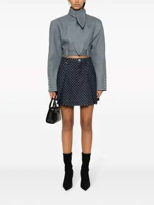 Balmain Pleated Monogram-jacquard Denim Miniskirt