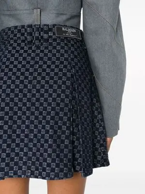 Balmain Pleated Monogram-jacquard Denim Miniskirt