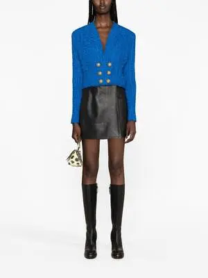Balmain Double-breasted Cropped Tweed Jacket - Blue