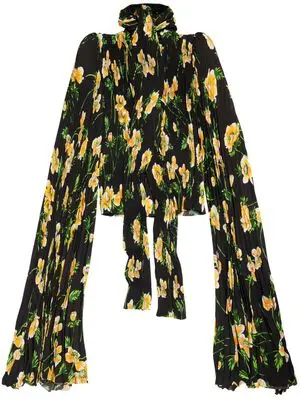 Balenciaga Floral-print Pleated Blouse - Black