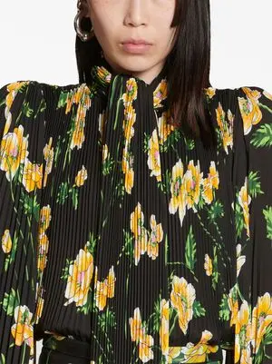 Balenciaga Floral-print Pleated Blouse - Black