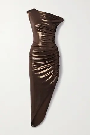 Norma Kamali Asymmetric Draped Ruched Stretch-lamé Dress