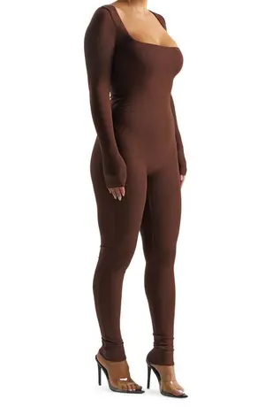 Naked Wardrobe Square Neck Fitted Jumpsuit - Chocolate