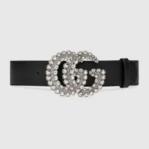 Gucci GG Marmont Rhinestone Crystal Embellished Black Leather Skinny Belt 100-40 GG Marmont thin belt with crystals in black leather | GUCCI® SI main image 2