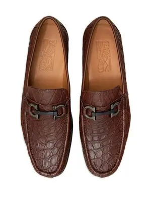 FERRAGAMO Gancini Embossed Crocodile Loafers - Brown