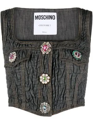 Moschino Brooch-embellished Denim Bustier - Black