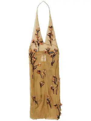 Miu Miu Floral-Embroidery V-Neck Dress - Yellow | Editorialist