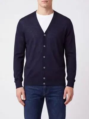 BALLANTYNE V-neck Pure Wool Cardigan With Ribbed Trims - Navy