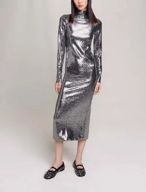 Maje Glittered High Neck Maxi Dress - Silver