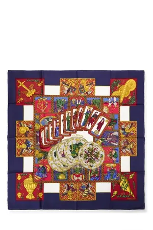 Hermès Multicolor 'le Tarot' Silk Scarf 90 - Navy