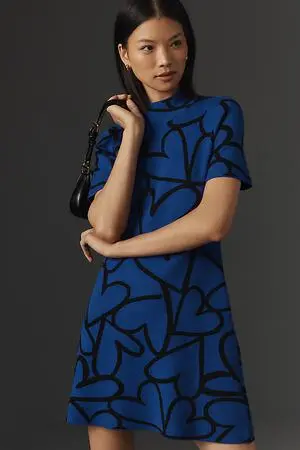 Anthropologie By Anthropologie Short-Sleeve Mock-Neck Sweater Mini Dress Blue