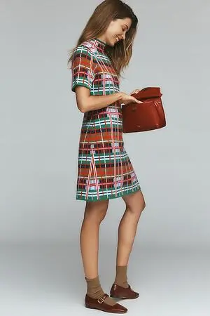 Anthropologie Short-sleeve Mock-neck Sweater Mini Dress - Rainbow Plaid