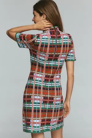 Anthropologie Short-sleeve Mock-neck Sweater Mini Dress - Rainbow Plaid
