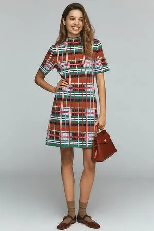 Anthropologie Short-sleeve Mock-neck Sweater Mini Dress - Rainbow Plaid