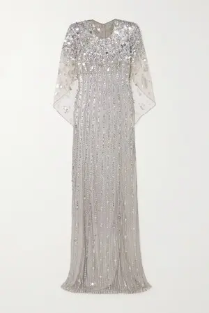 Jenny Packham Nettie Cape-effect Sequined Tulle Gown - Silver