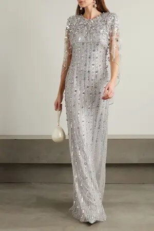 Jenny Packham Nettie Cape-effect Sequined Tulle Gown - Silver