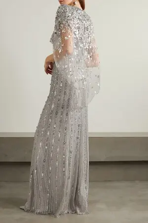 Jenny Packham Nettie Cape-effect Sequined Tulle Gown - Silver