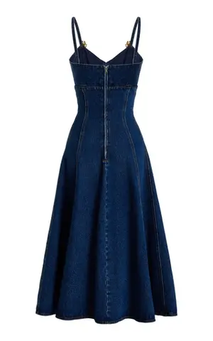 denim dress oscar de la renta Oscar de la Renta Strapless Crystal Eyelet Scallop Midi Cocktail Dress